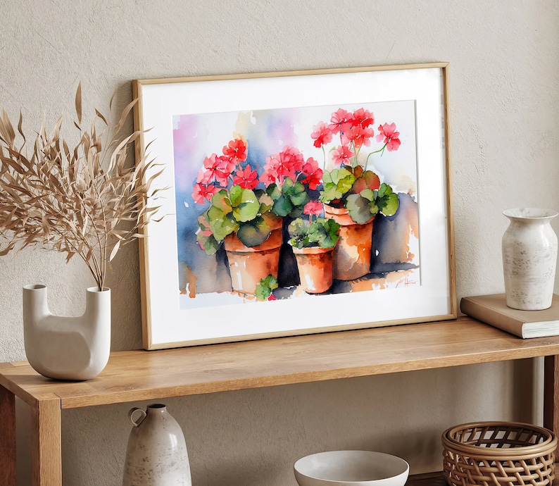 Geranium Painting Floral Watercolor Art Print Geranium Pots Wall Art ...