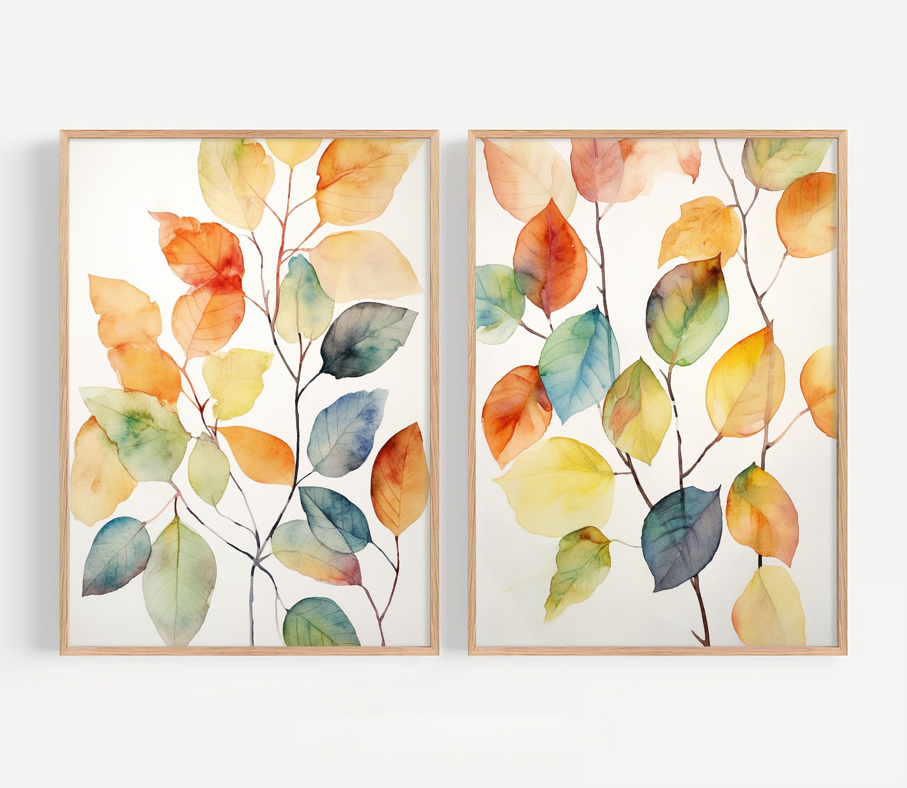 Leaves Watercolor Art Set of 2 Prints Autumn Forest Wall Art Colorful ...