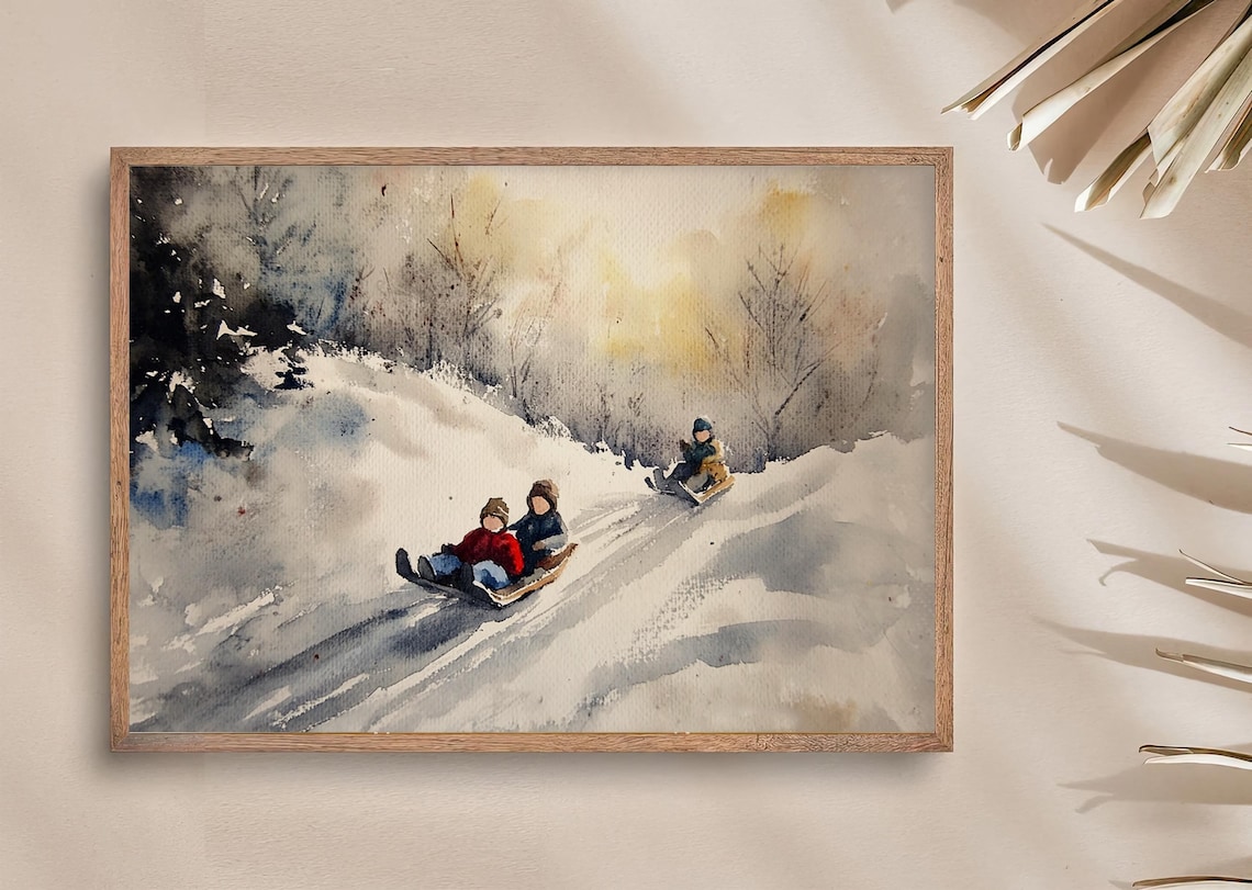 Christmas Painting Children Sledding Art Winter Forest Landscape Print ...