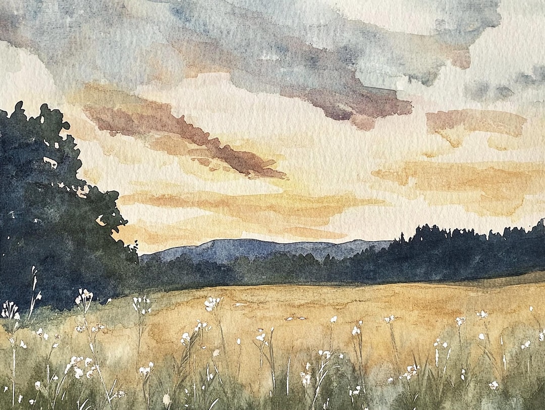 Tennessee Painting Sunset Landscape Watercolor Art Print Meadow Wall ...