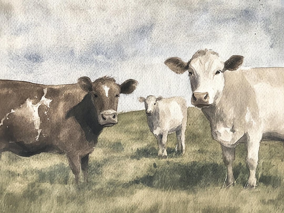Irish Cows Painting Grazing Cow Watercolor Art Print Ireland Landscape ...
