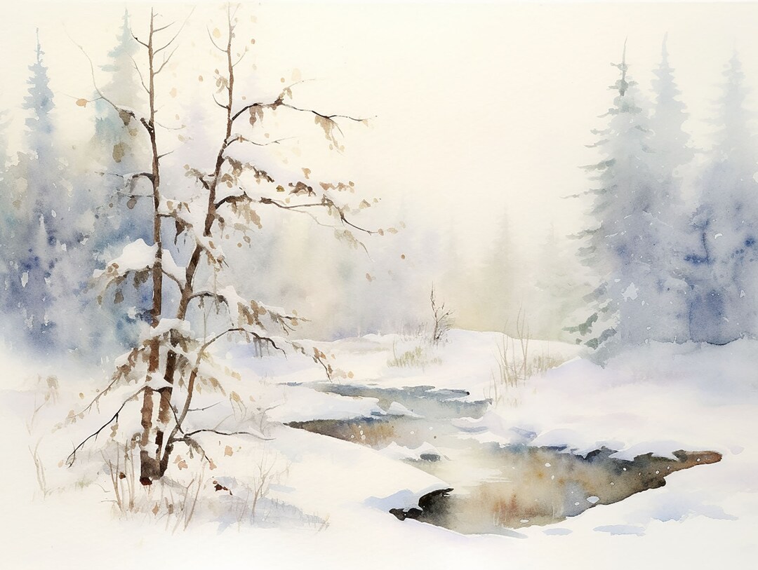 Winter Scene Watercolor Snow Landscape Art Print Snowy Pine Forest Wall ...