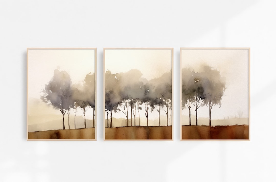 Neutral Trees Landscape Prints Set of 3 Colorado Watercolor Beige Brown ...