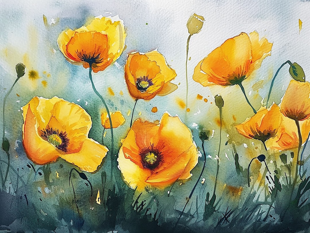 Gele klaproos schilderij weide aquarel kunst print grote bloemen muur ...