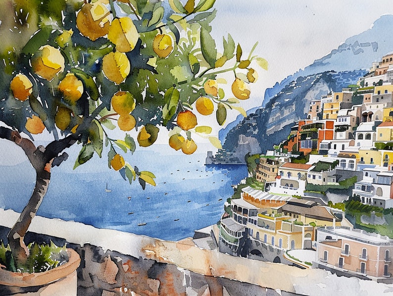 Positano Painting Lemon Tree Watercolor Art Print Amalfi Coast Wall Art ...