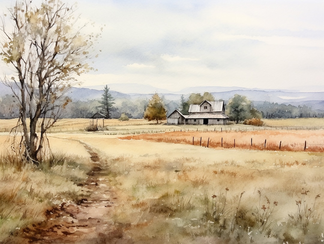Countryside Painting Farmhouse Watercolor Art Print Autumn Rustic ...