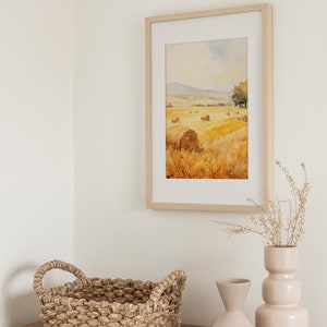 Haystacks Watercolor Painting Farmhouse Art Print Hay Field Landscape ...