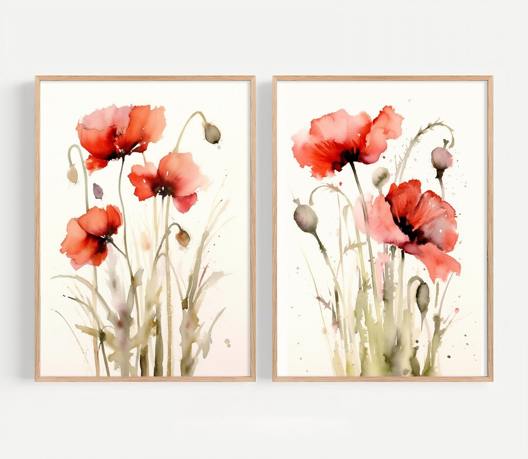 Poppy Prints Set of 2 Floral Watercolor Painting Red Poppies Wall Art ...