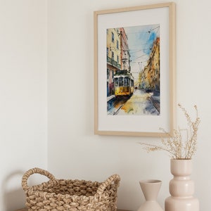 Lisbon Painting Portugal Cityscape Watercolor Art Print Tram Wall Art ...