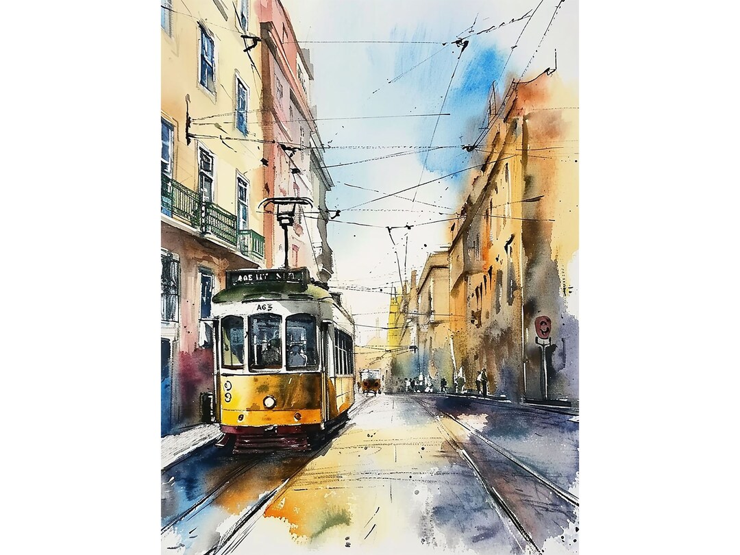 Lisbon Painting Portugal Cityscape Watercolor Art Print Tram Wall Art ...
