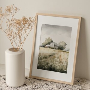 Farm Painting Wildflowers Watercolor Art Print Rustic Landscape Neutral ...