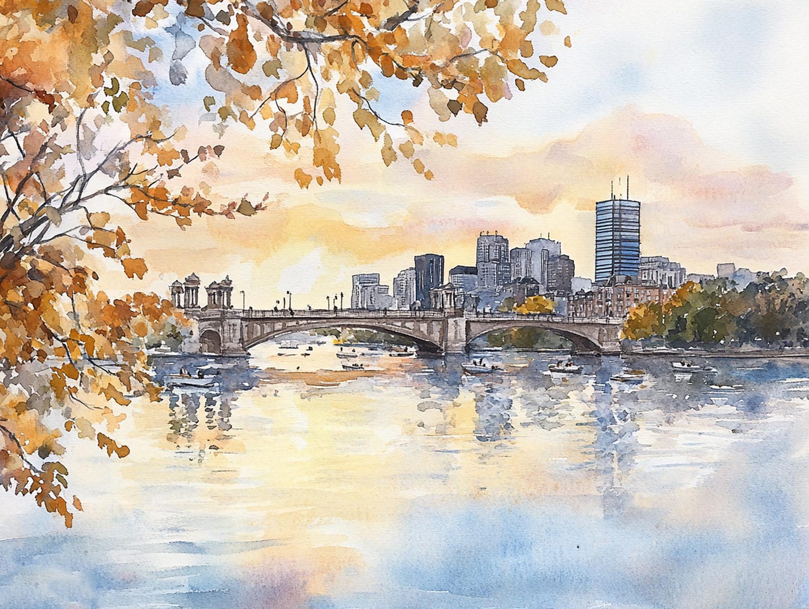 Charles River Painting Boston Cityscape Watercolor Art Print Boston ...