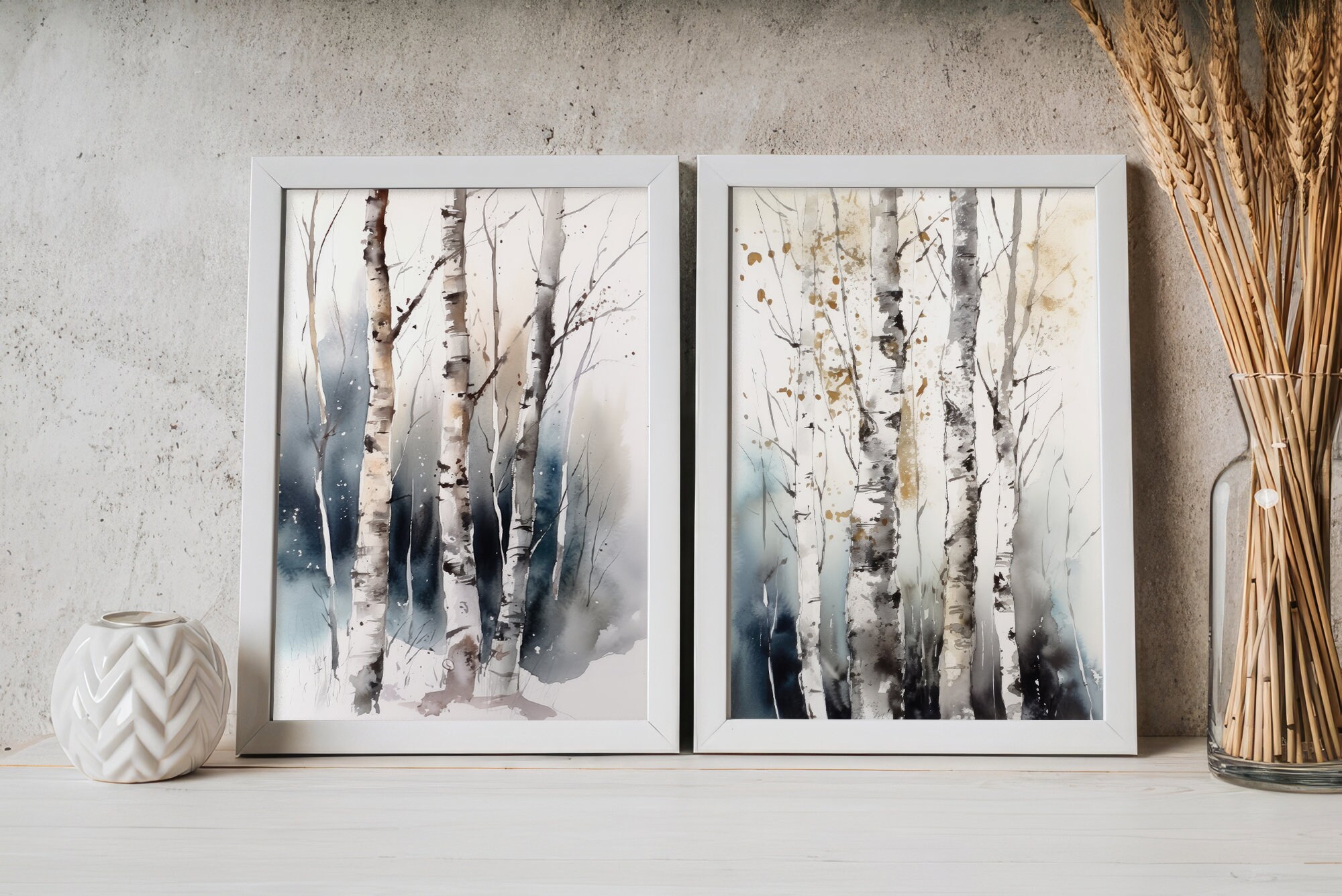 Birch Tree Wall Art Set of 2 Aspen Landscape Watercolor Print Neutral ...