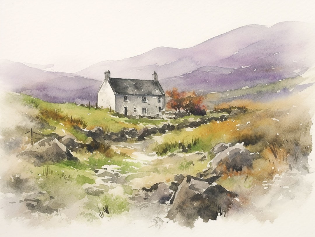 Irish Thatched Cottage Painting County Donegal Landscape Watercolor Art ...