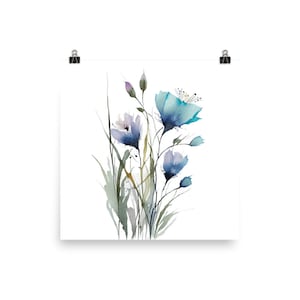 Wildflowers Painting Blue Flowers Watercolor Art Print Turquoise Spring ...