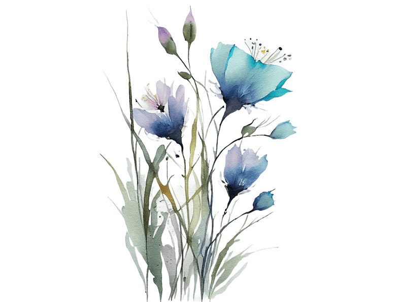 Wildflowers Painting Blue Flowers Watercolor Art Print Turquoise Spring ...