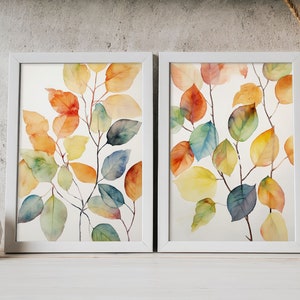 Leaves Watercolor Art Set of 2 Prints Autumn Forest Wall Art Colorful ...