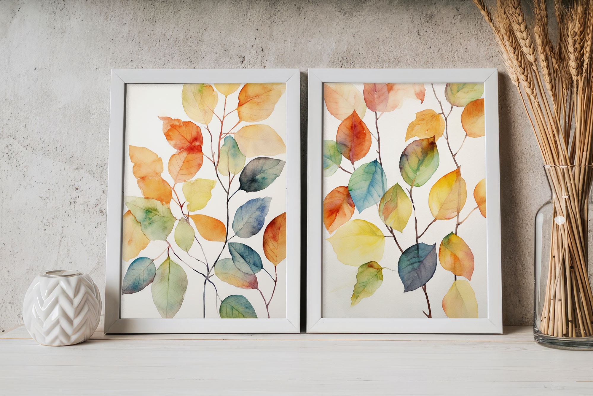 Leaves Watercolor Art Set of 2 Prints Autumn Forest Wall Art Colorful ...