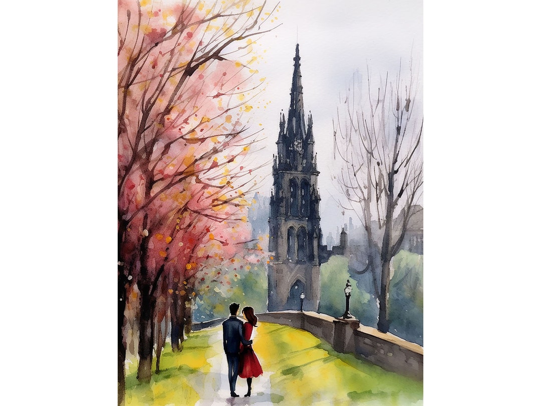 Edinburgh Painting Couple Watercolor Art Print Scottish Cityscape Wall ...