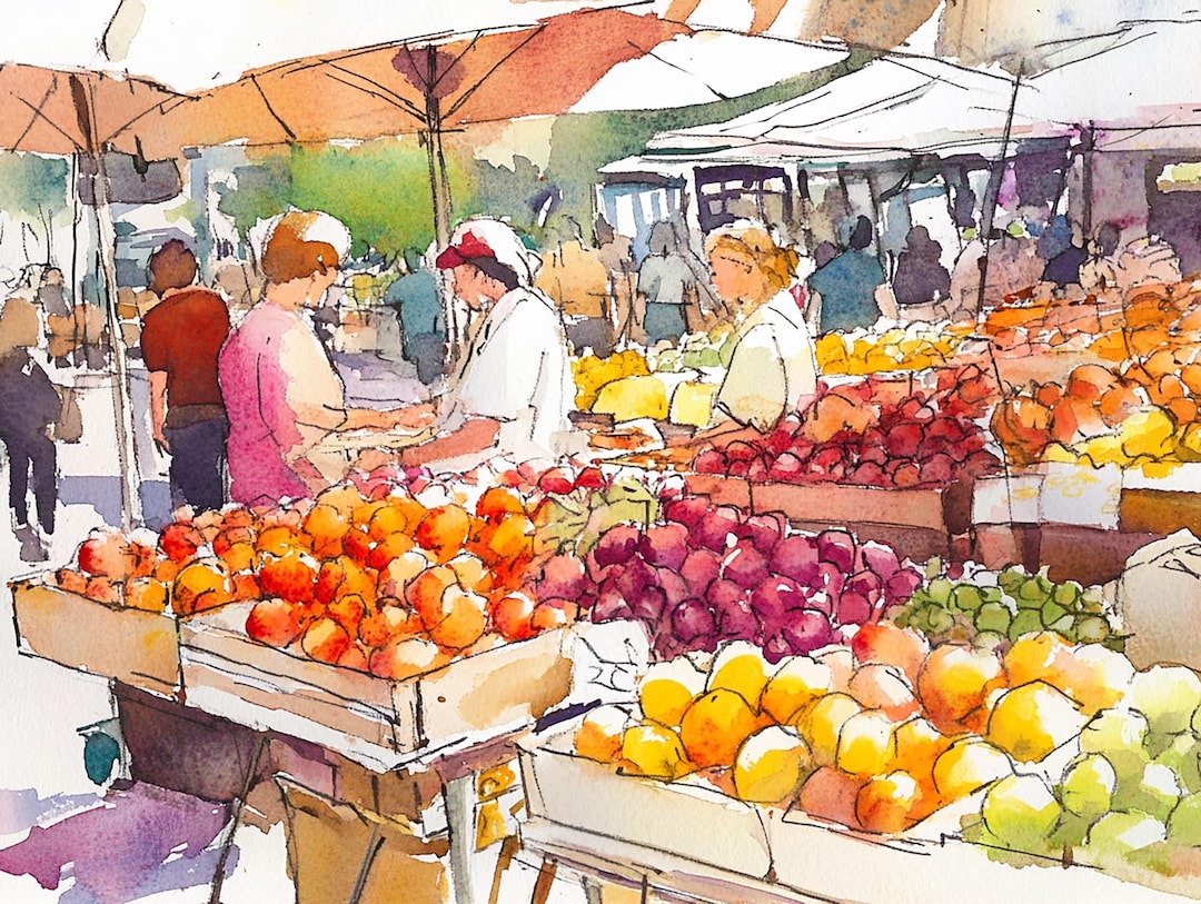 Farmers Market Painting Hollywood Watercolor Art Print Los Angeles ...