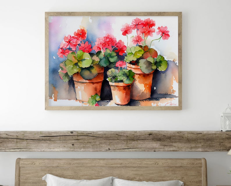Geranium Painting Floral Watercolor Art Print Geranium Pots Wall Art ...