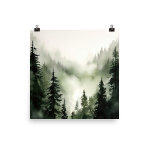Evergreen Forest Poster Foggy Pine Trees Watercolor Painting Misty ...