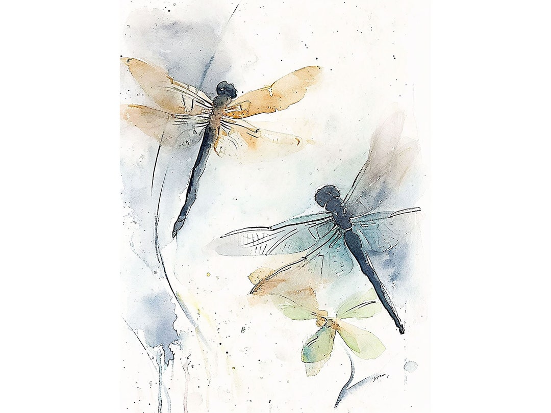 Dragonfly Art Print Abstract Watercolor Painting Wildflowers Landscape Wall Art Insect Art ...