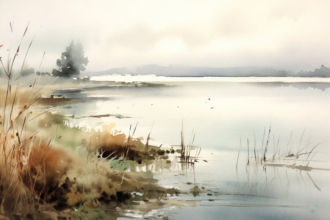 Sunset Lake Art Misty Water Landscape Watercolor Abstract Forest Lake ...