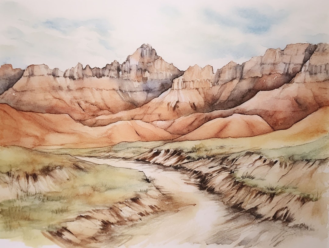 Badlands National Park Print South Dakota Landscape Watercolor Yellow ...