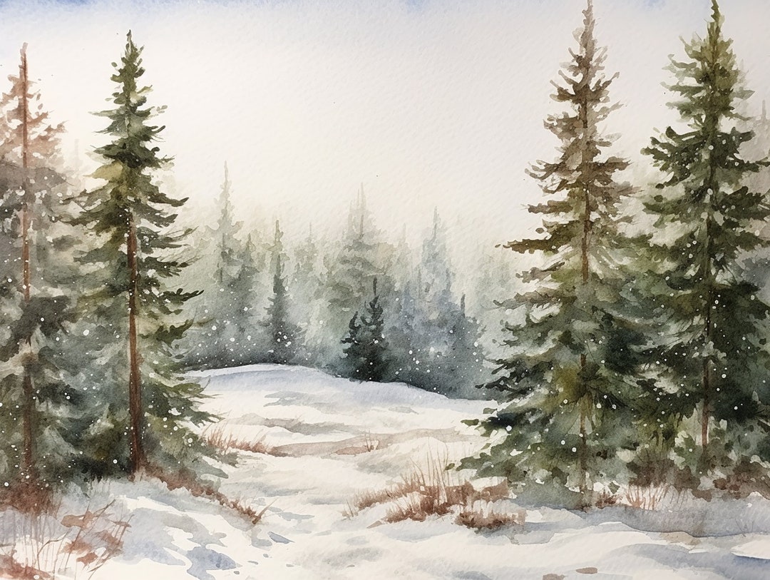 Snow Scene Watercolor Winter Landscape Art Print Idaho Painting Snowy ...