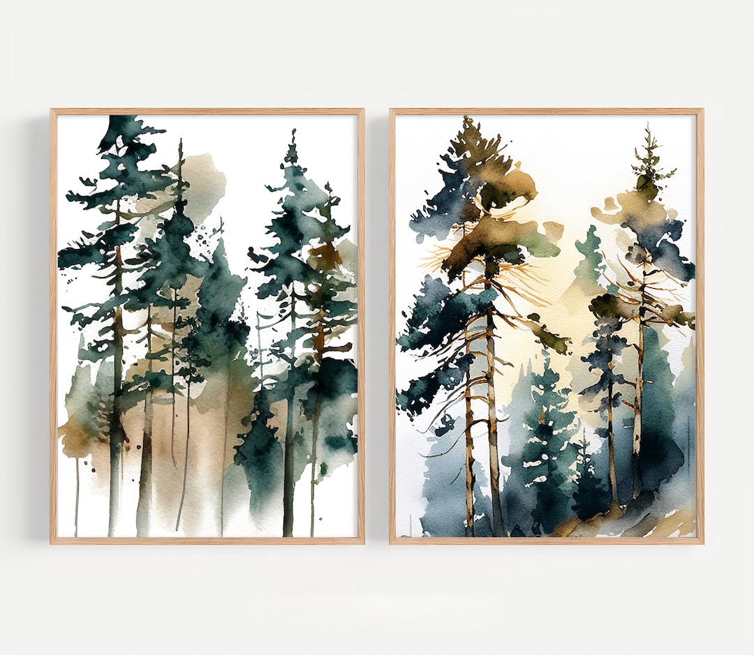 Pine Trees Print Set of 2 Misty Forest Watercolor Foggy Landscape Art ...