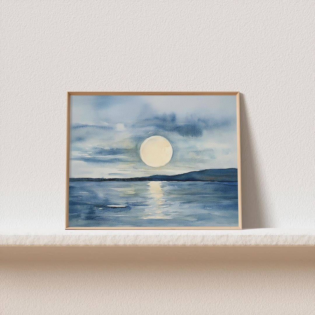 Moonlight Beach Painting Night Landscape Watercolor Art Print Full Moon ...