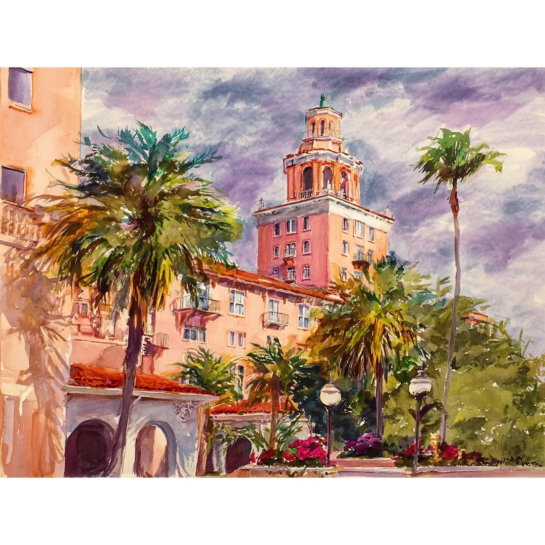 Biltmore Hotel Coral Gables Watercolor Print on Paper Florida Landmark ...