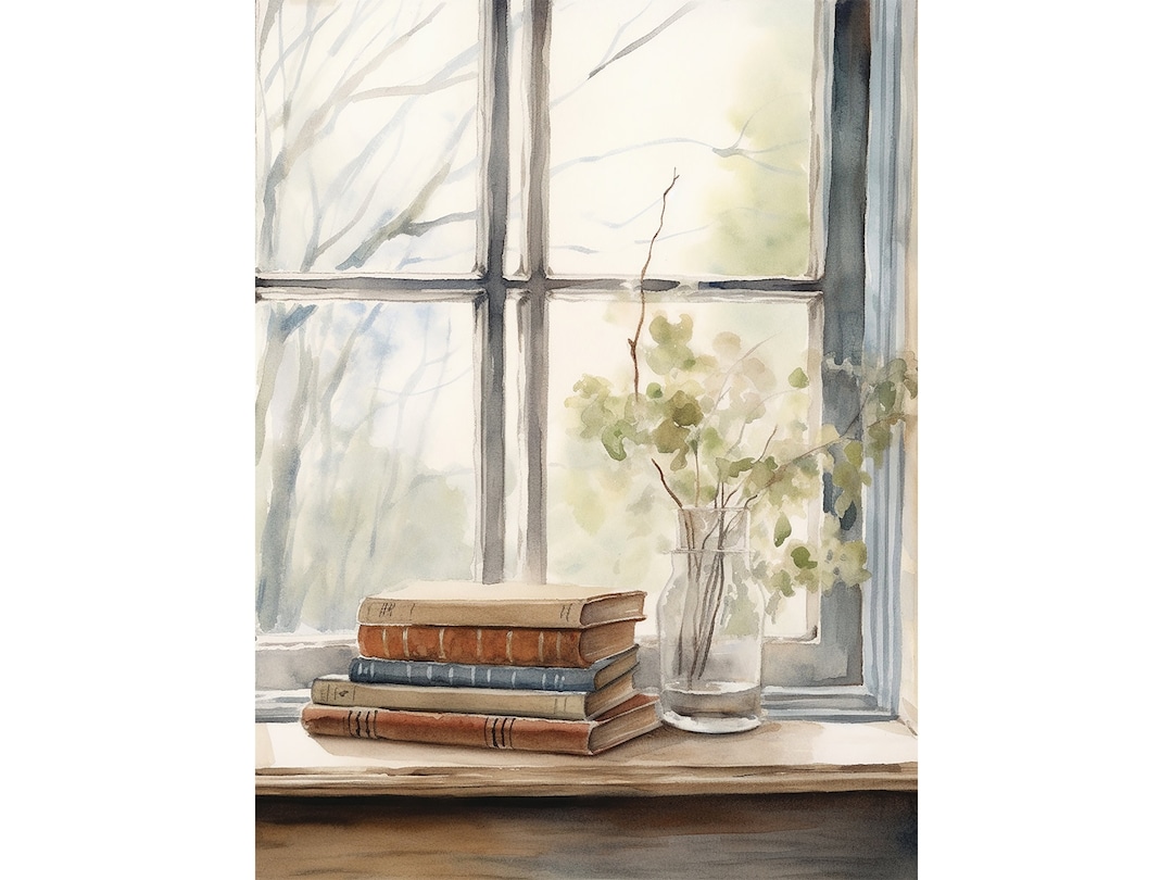 Book Painting Old Books on A Window Sill Watercolor Art Print Home ...