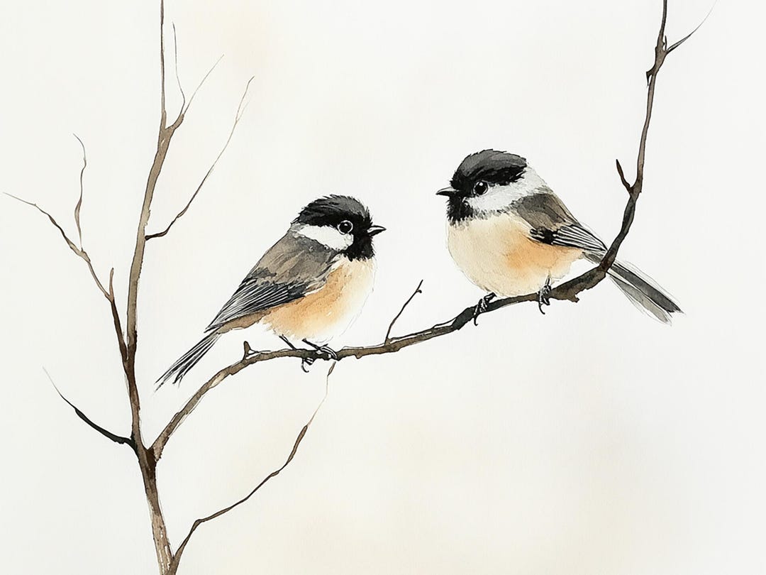 Couple Birds Painting Chickadee Watercolor Art Print Tree Wall Art Two ...