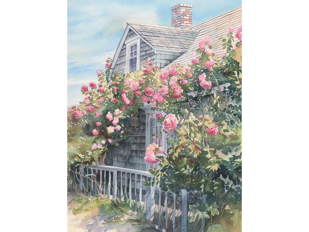 Cape Cod Art Print Beach House Watercolor Painting Roses Garden Wall ...