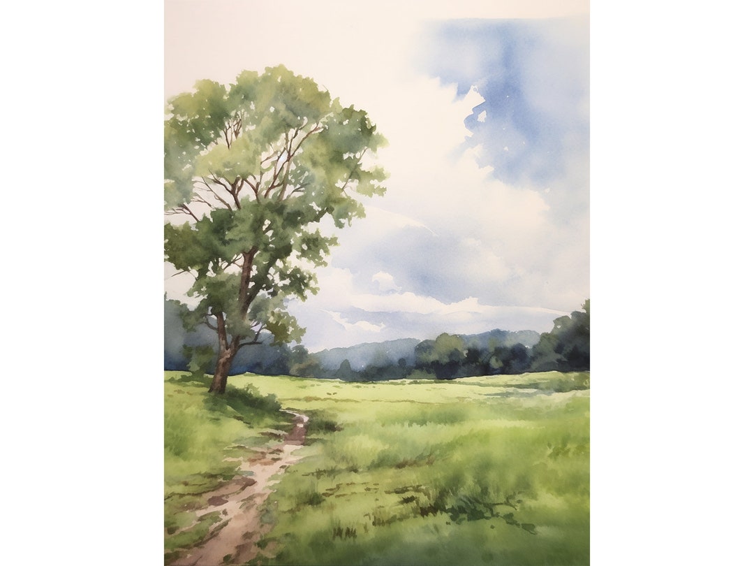 Oak Tree Watercolor Art Print Oak Forest Painting Summer Green Field ...