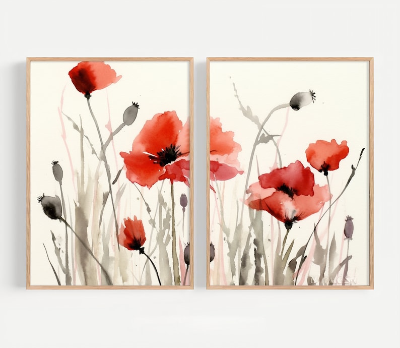 Poppy Prints Set of 2 Poppies Watercolor Painting Abstract - Etsy