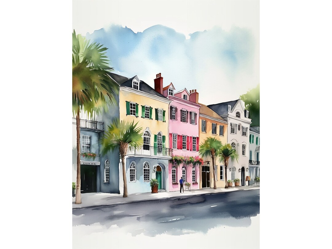 Rainbow Row Watercolor Charleston Cityscape Art Print South Carolina ...