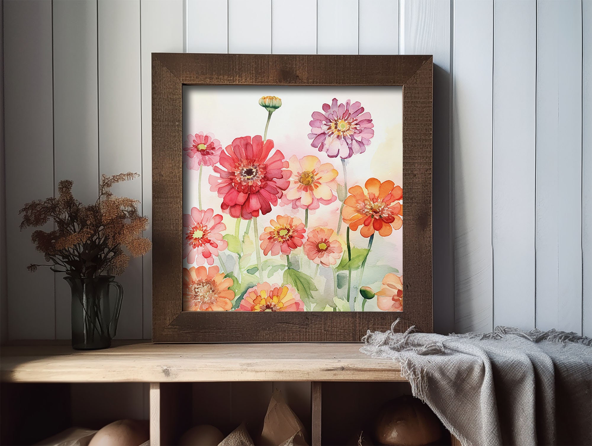 Zinnia Painting Floral Watercolor Art Print Botanical Wall Art Zinnias ...