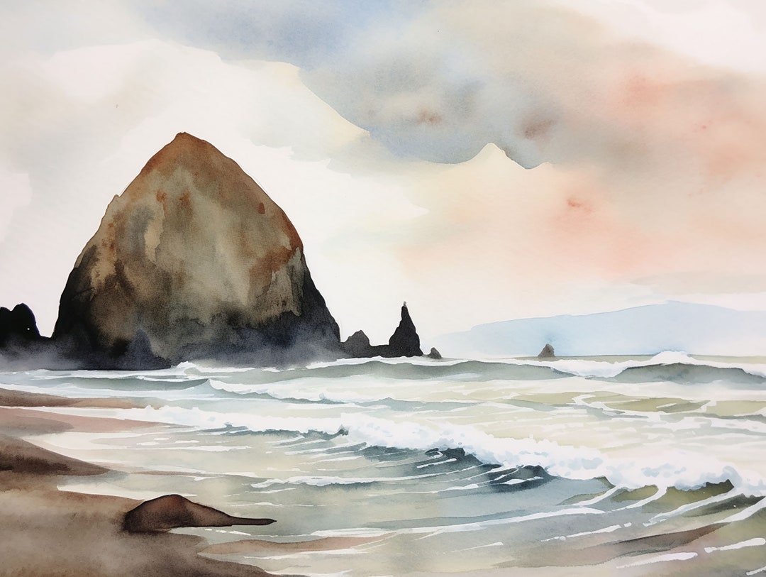 Cannon Beach Painting Oregon Coastal Watercolor Art Print Haystack Rock ...