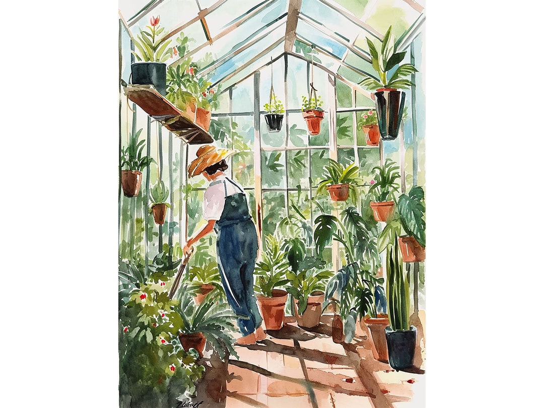 Greenhouse Garden Art Print Gardening Watercolor Painting Woman ...