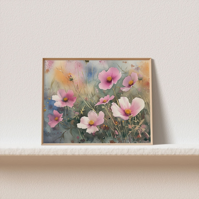 Pink Cosmos Flowers Painting Wildflower Field Watercolor Print Spring ...