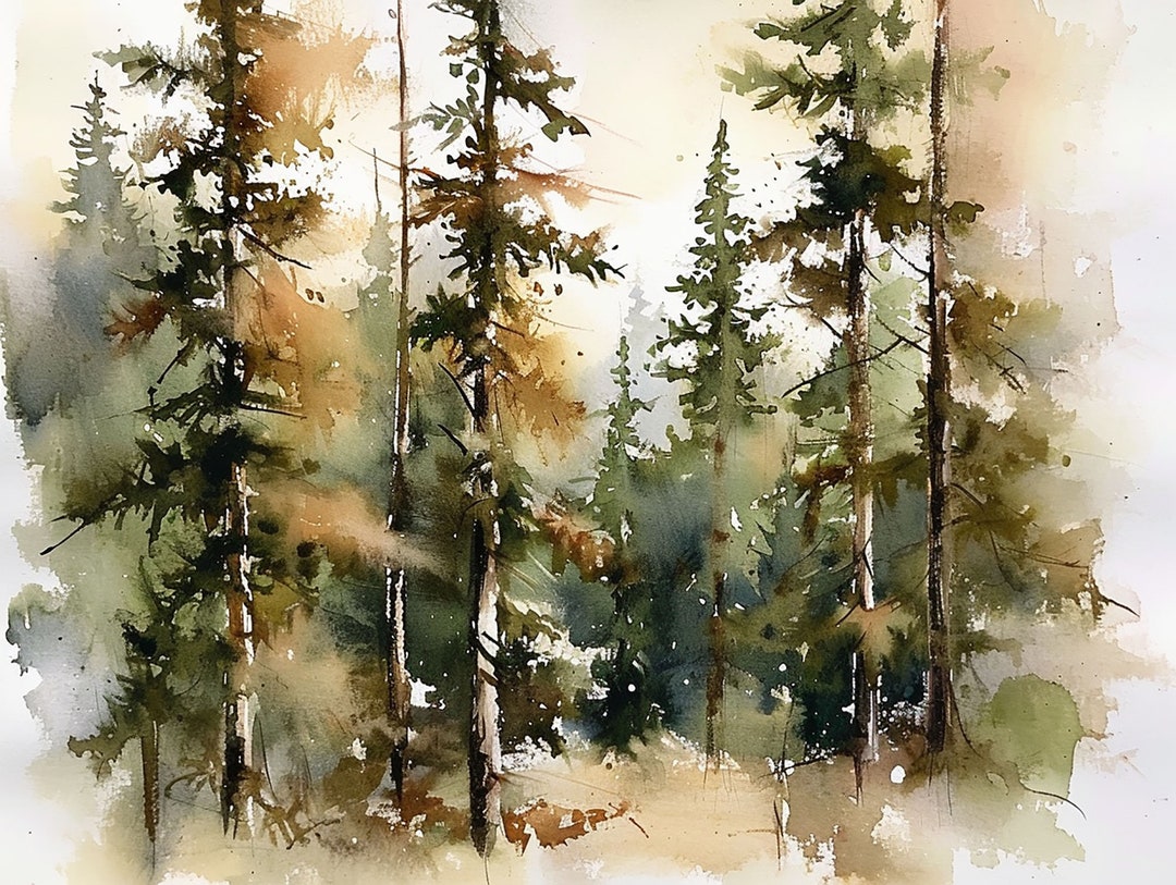 Spruce Trees Painting Green Forest Watercolor Art Print Woodland ...