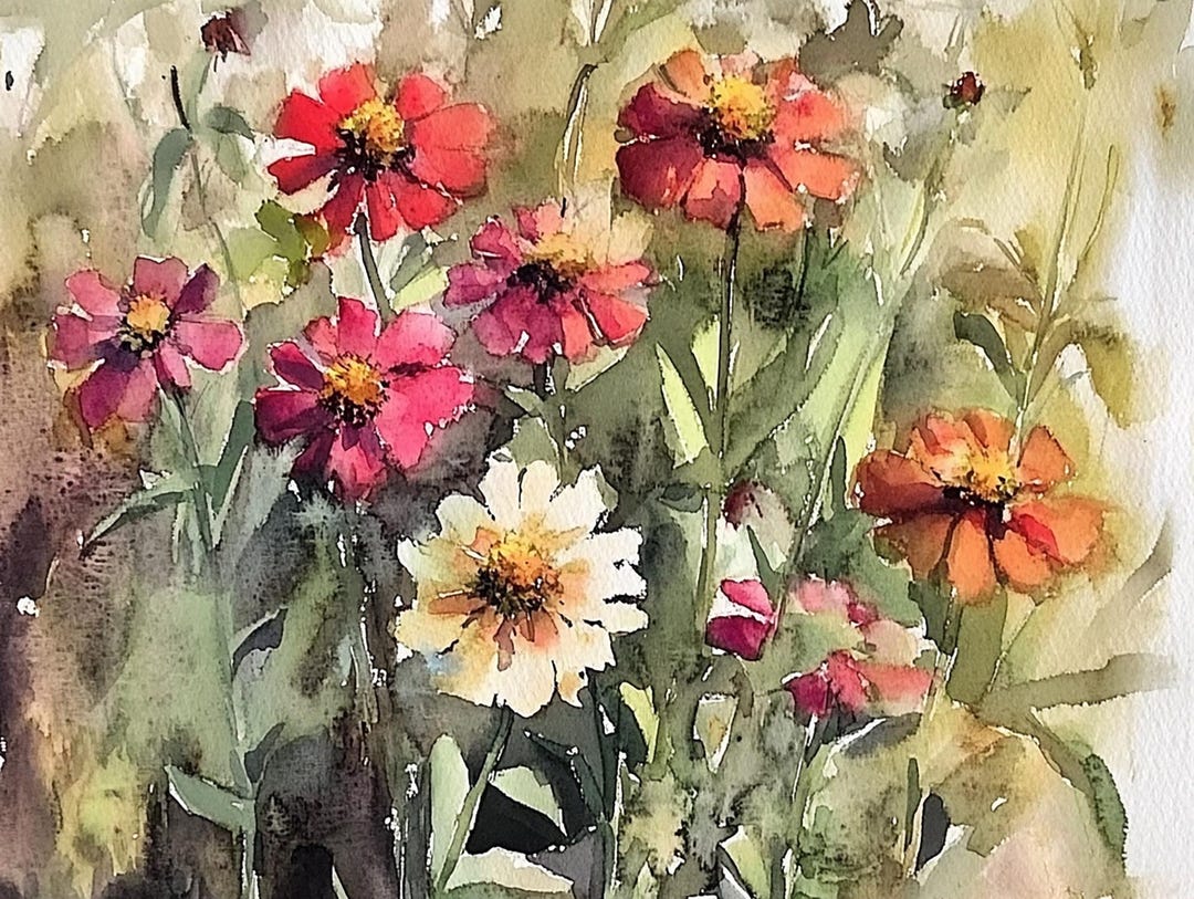 Zinnia Watercolor Painting Floral Art Print Zinnias Wall Art Botanical ...