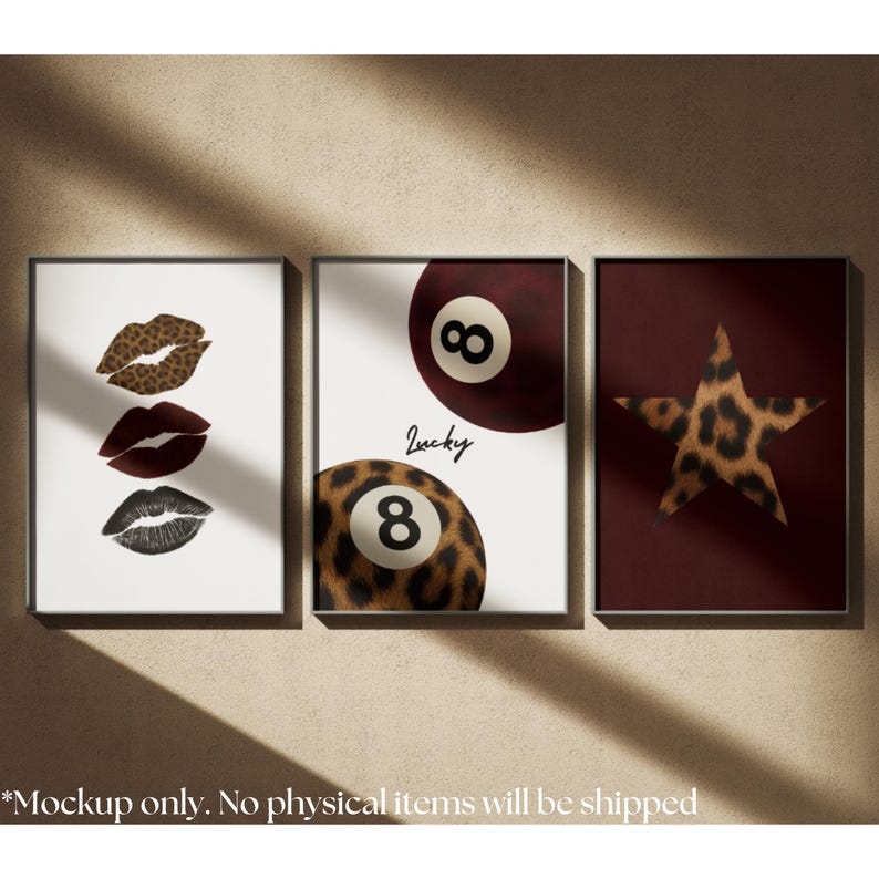 Leopard Print Wall Art Set: 8 Ball, Lips & Star Posters (digital ...