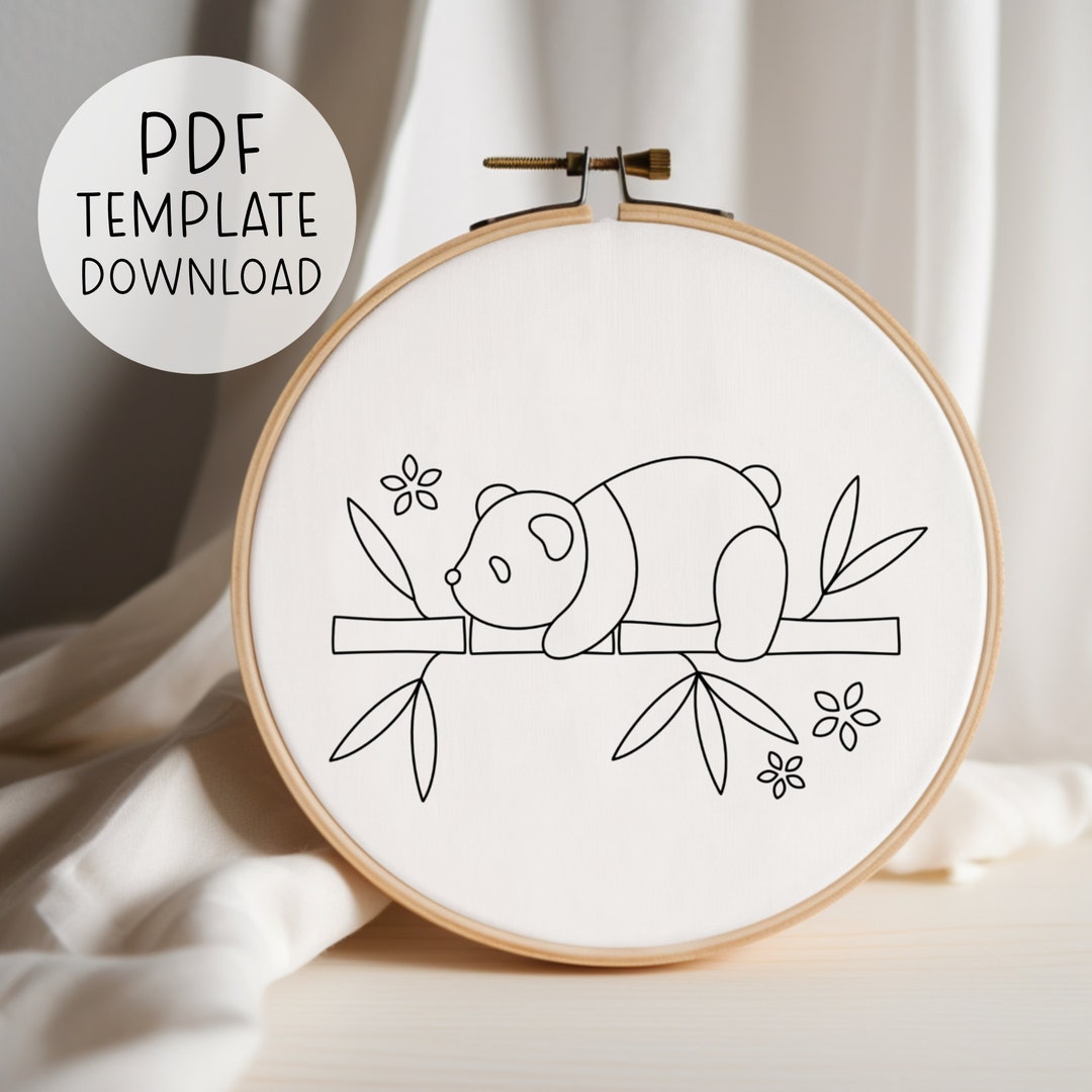 Panda Hand Embroidery Pattern, Cute Panda Embroidery Pattern, Bamboo ...