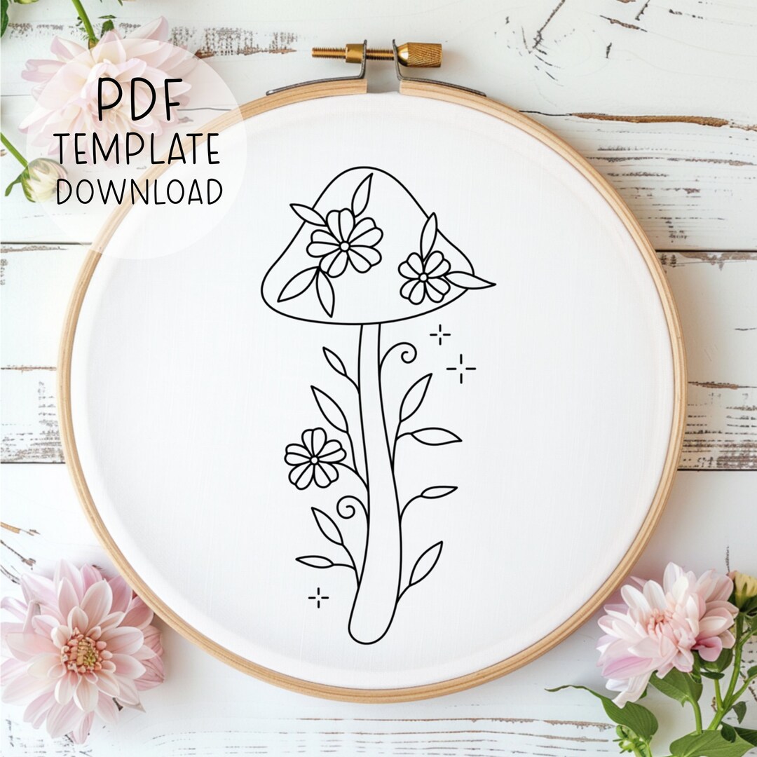 Flower Mushroom Embroidery Pattern Template, Mushroomcore Embroidery ...