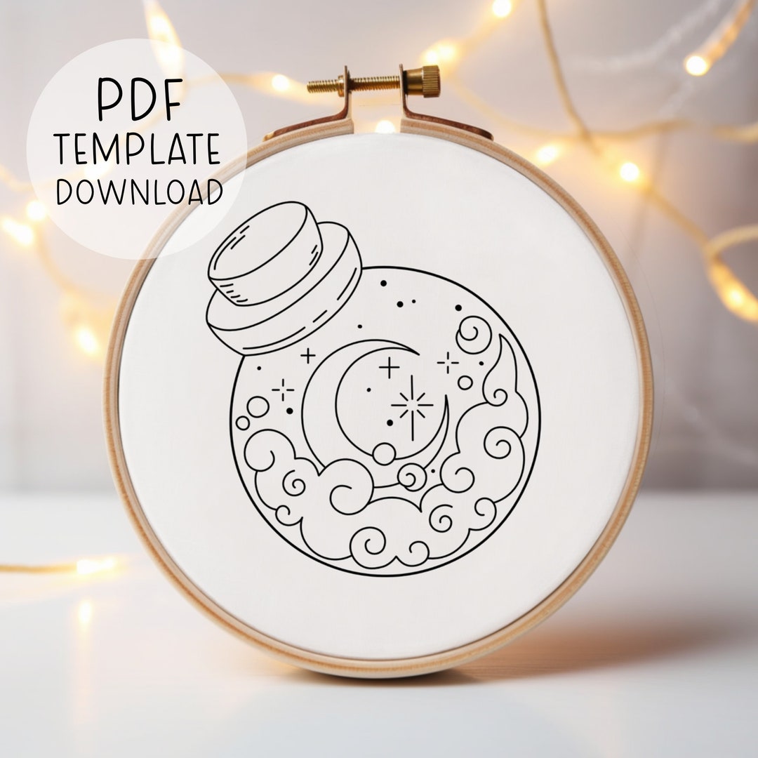 Moon in A Bottle Embroidery Pattern Download, Clouds Embroidery, Moon ...