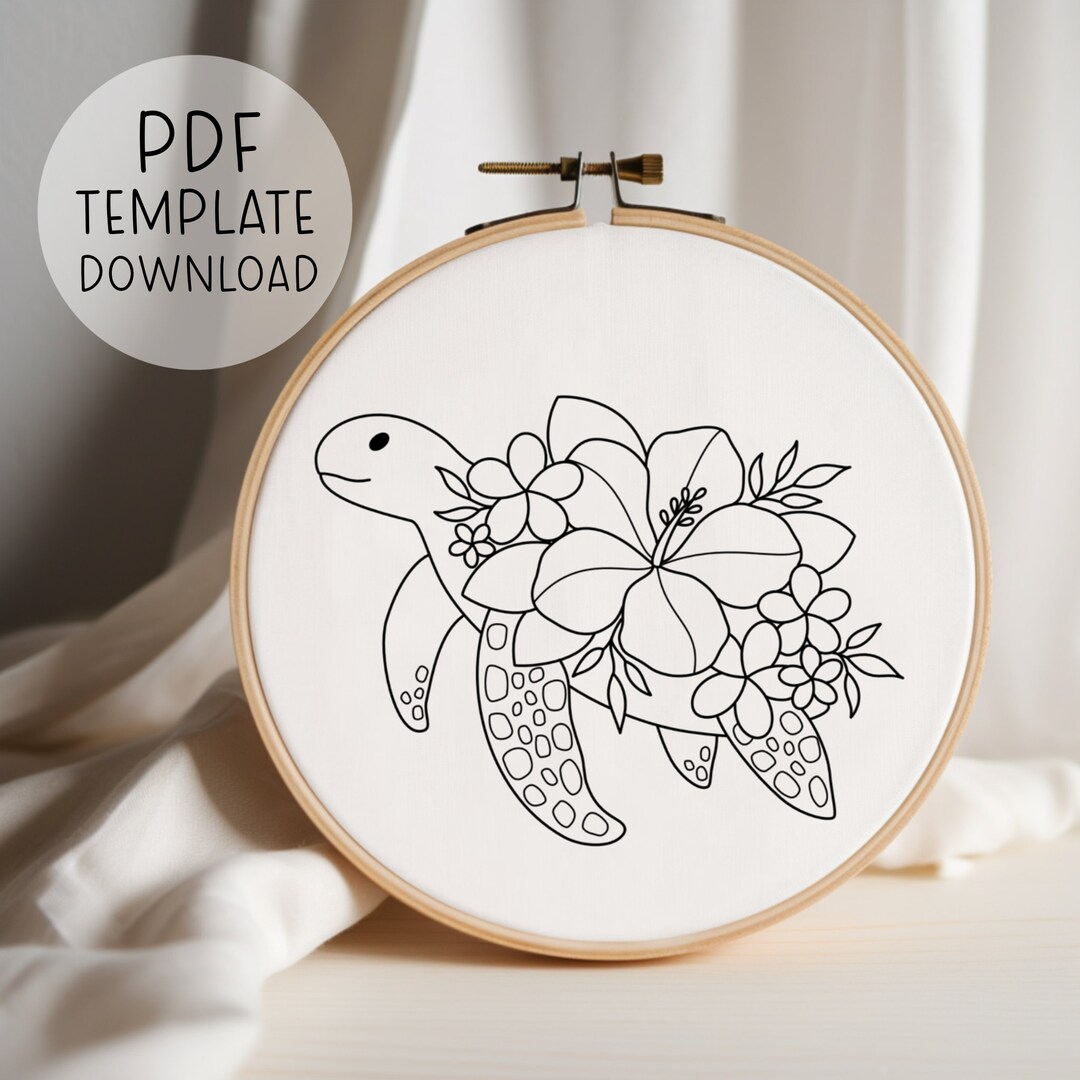 Summer Turtle Embroidery Pattern Download, Floral Turtle Needlepoint ...